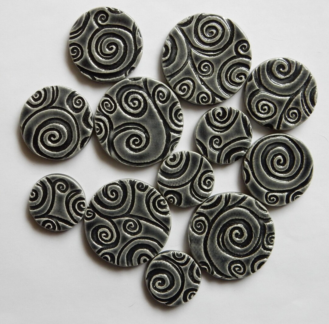 12 Handmade Round Ceramic Mosaic Tiles...3 Sizes...swirl Spiral ...