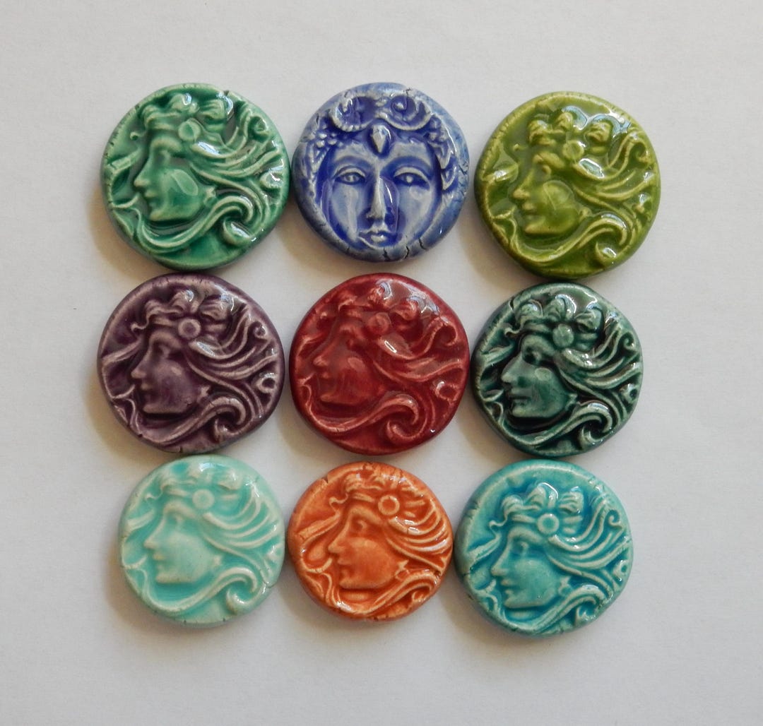 Colorful Goddess Coins...9 Handmade Ceramic Embellishments...kiln Fired ...
