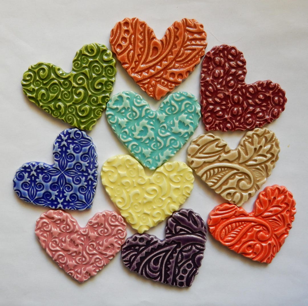 10 Colorful Handmade Embossed Ceramic Mosaic Tile Hearts With Scalloped ...