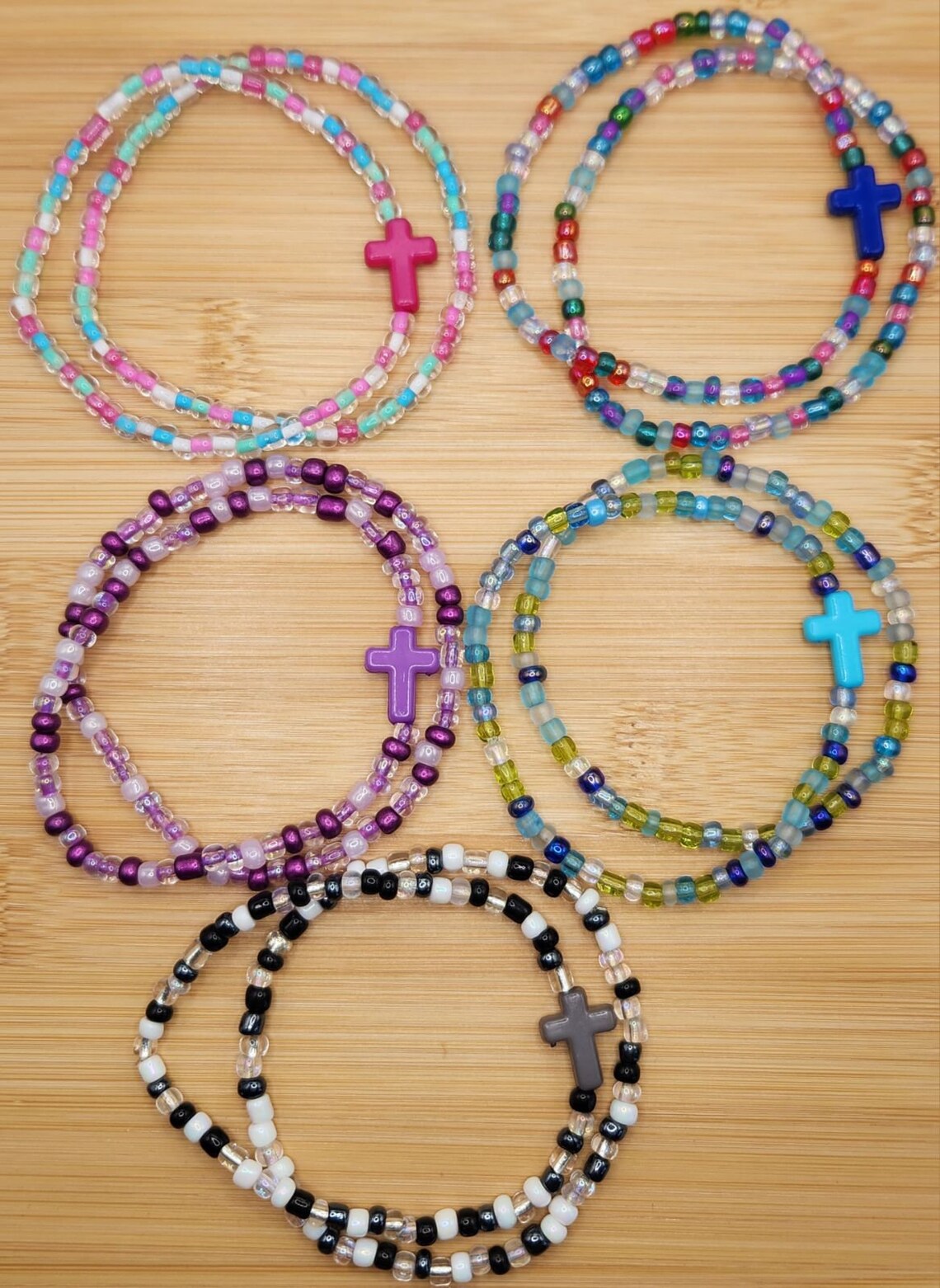 Cross Bead Friendship Stack Stretch Bead Bracelets Set of 2. for ...