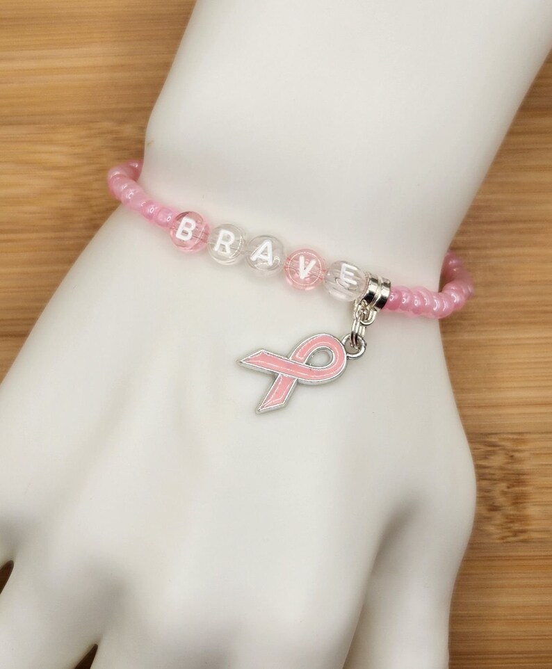 Brave Breast Cancer Ribbon Bracelet: Pink Glass Bead Stretch Jewelry - Etsy