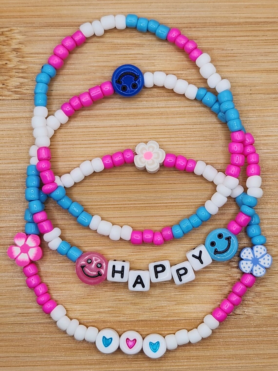 Happy, Smile, Flower Friendship Stack Bead Bracelets. for Sharing ...