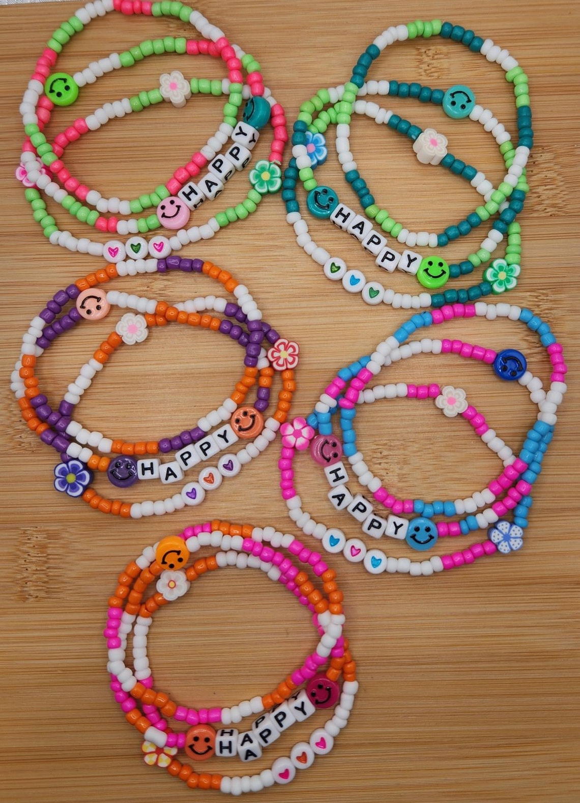 Happy, Smile, Flower Friendship Stack Bead Bracelets. for Sharing ...