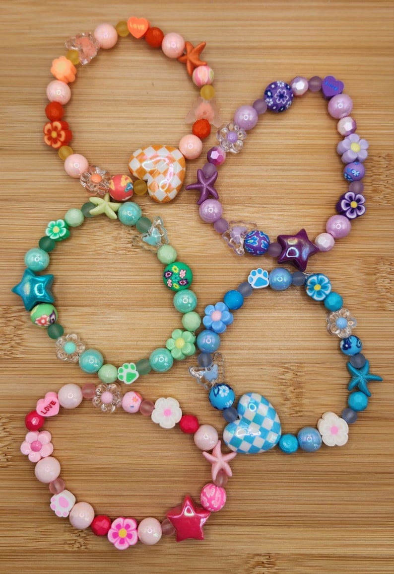 Colorful Chunky Bead Bracelet: Heart & Star Stretch Friendship - Etsy