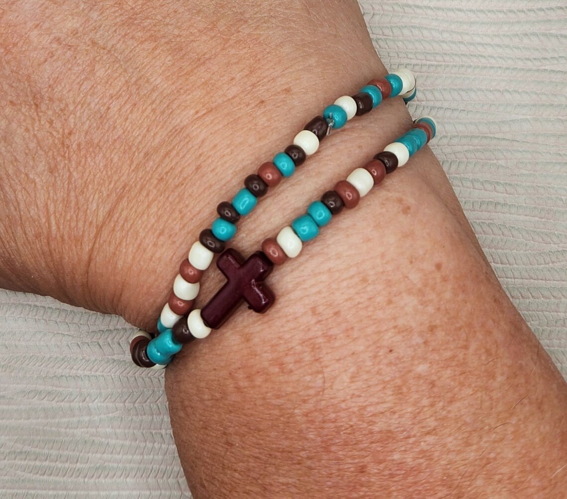 Cross Bead Friendship Stack Stretch Bead Bracelets Set of 2. for ...