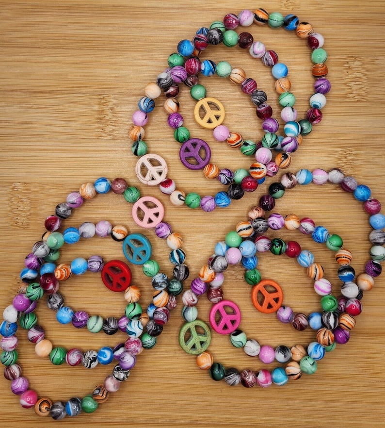 Peace Sign Beaded Bracelet: Multi Color Boho Stackable Stretch Bracelet ...