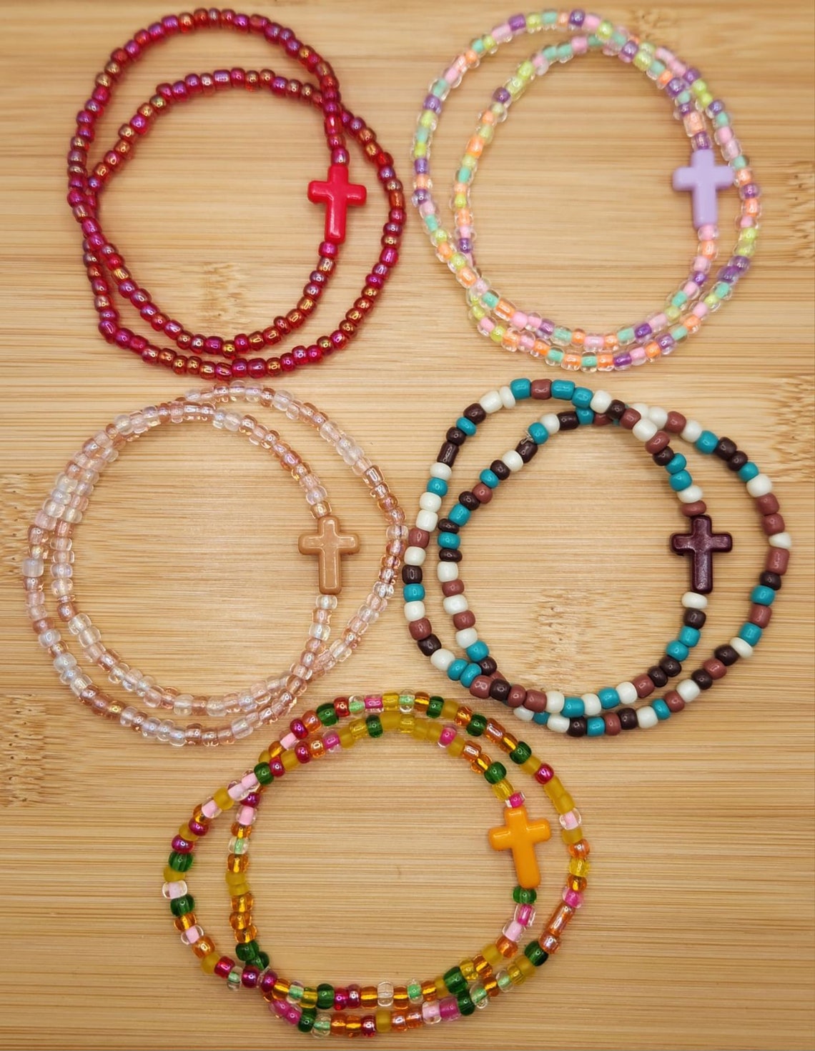 Cross Bead Friendship Stack Stretch Bead Bracelets Set of 2. for ...