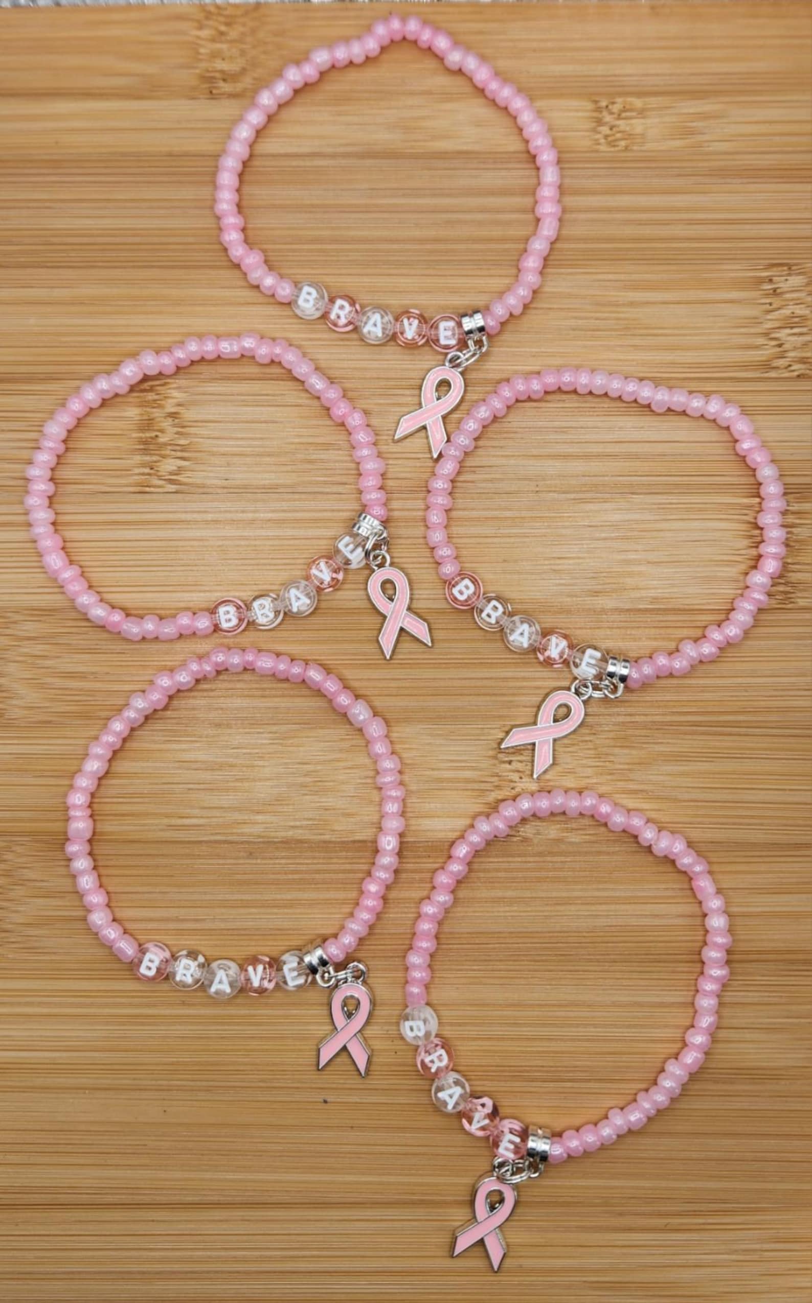 Brave - Breast Cancer Ribbon - Pink Stretch Bead Friendship Bracelet ...