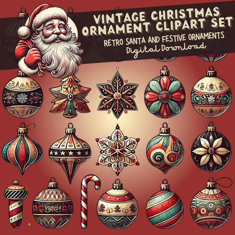 Vintage Christmas Ornament Clipart Set Retro Santa Graphics Digital ...