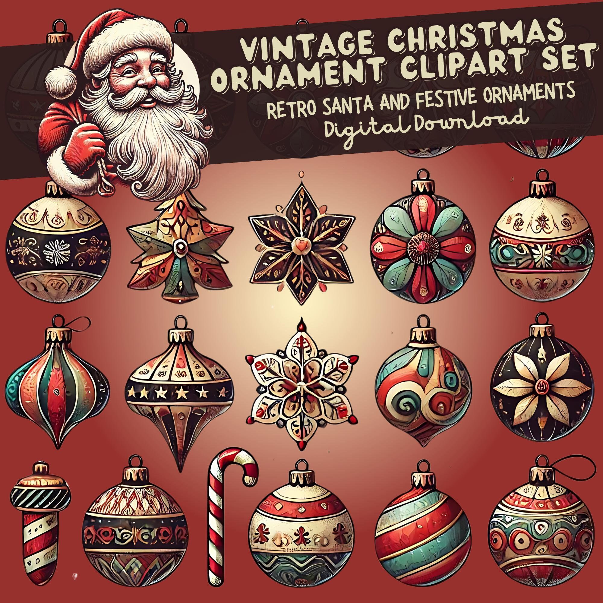 Vintage Christmas Ornament Clipart Set Retro Santa Graphics Digital ...