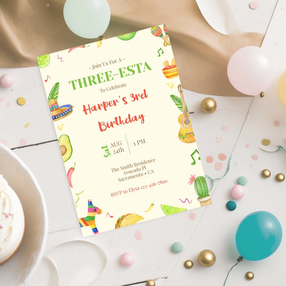Three-esta Birthday Invitation, Editable Three-esta Kids Birthday ...