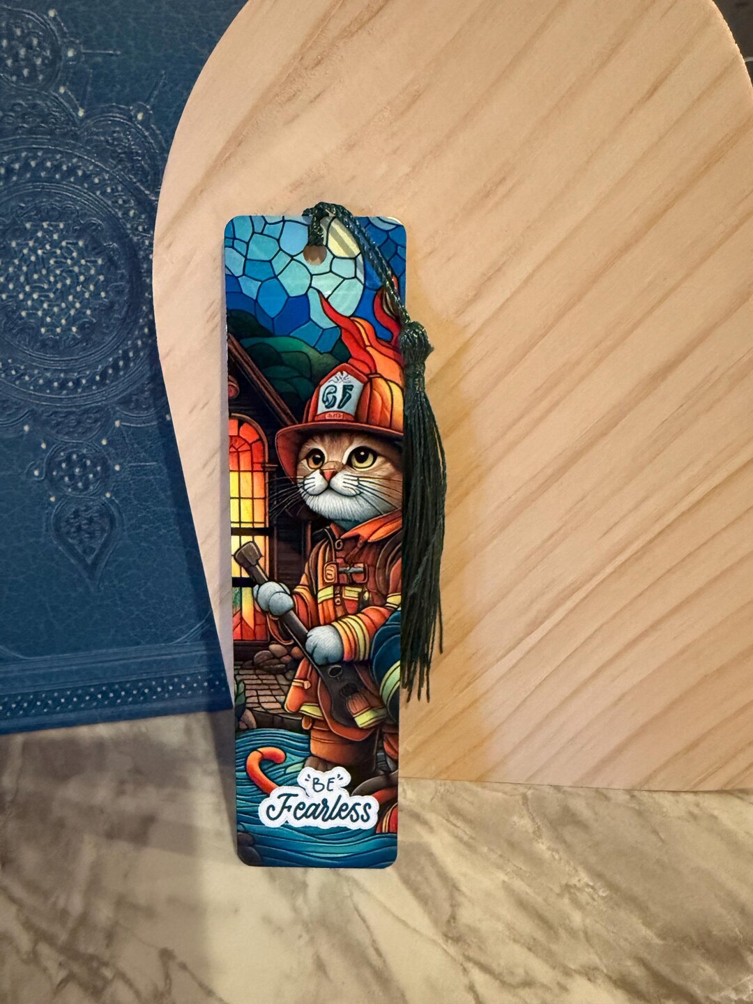 Bookmark, Firefighter Cat in a Painted Glass Style, Metal Bookmark With ...