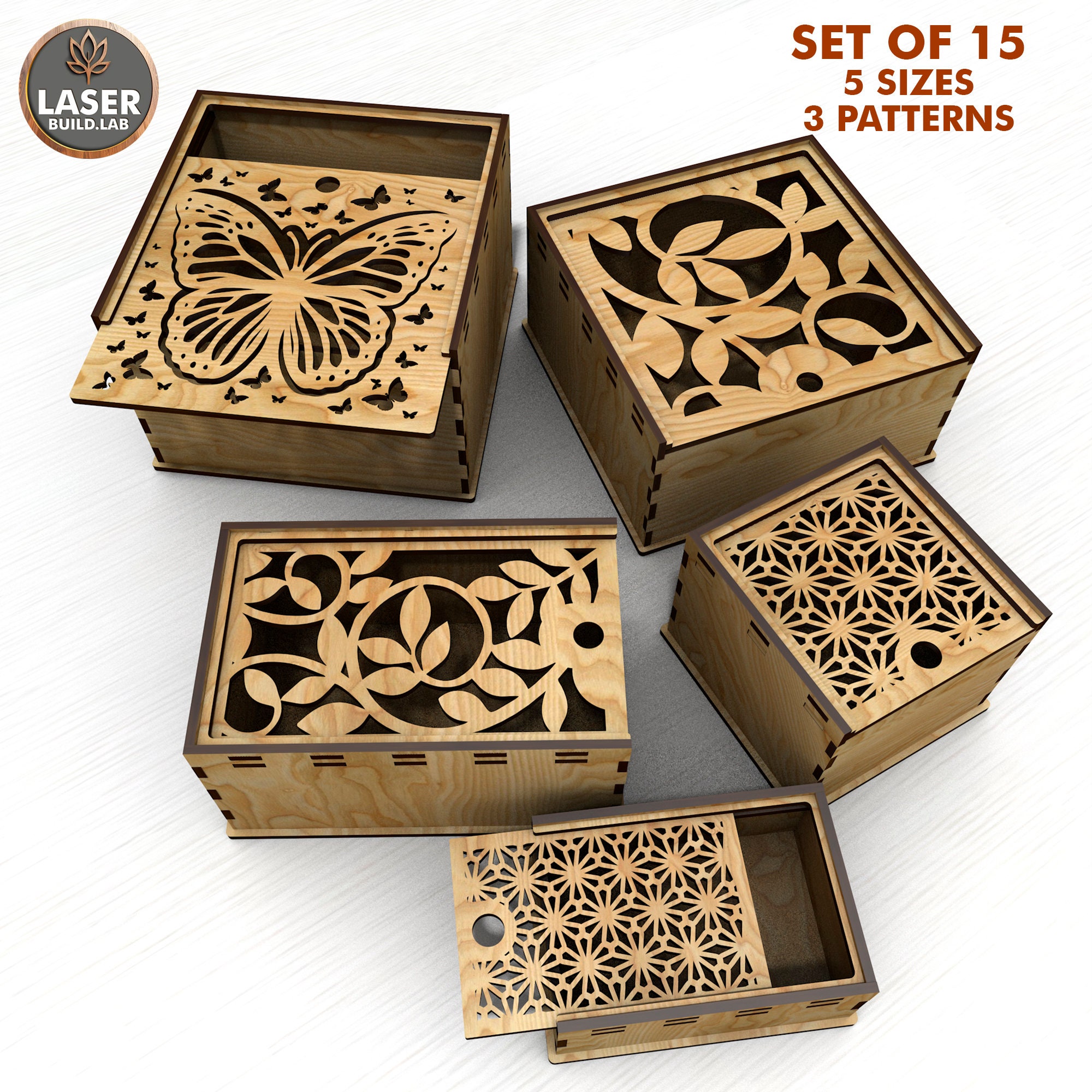 Set 15 Laser Cut File Box With Lid Svg for Laser, Laser Cut Wood Box ...
