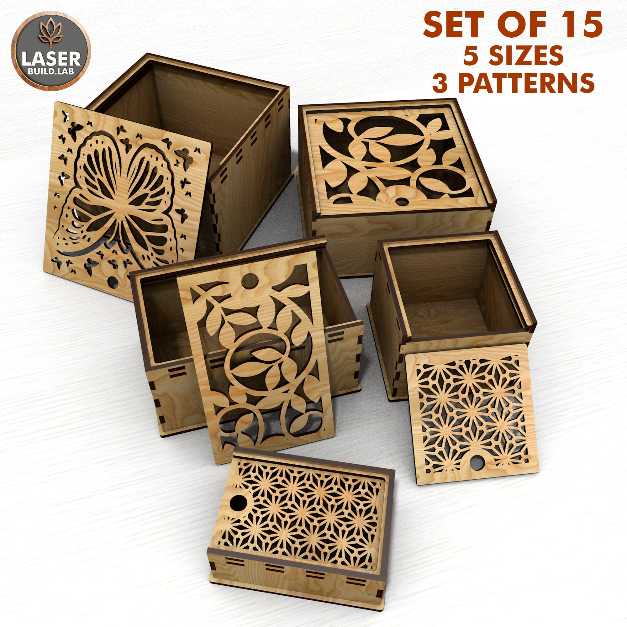 Set 15 Laser Cut File Box With Lid Svg for Laser, Laser Cut Wood Box ...