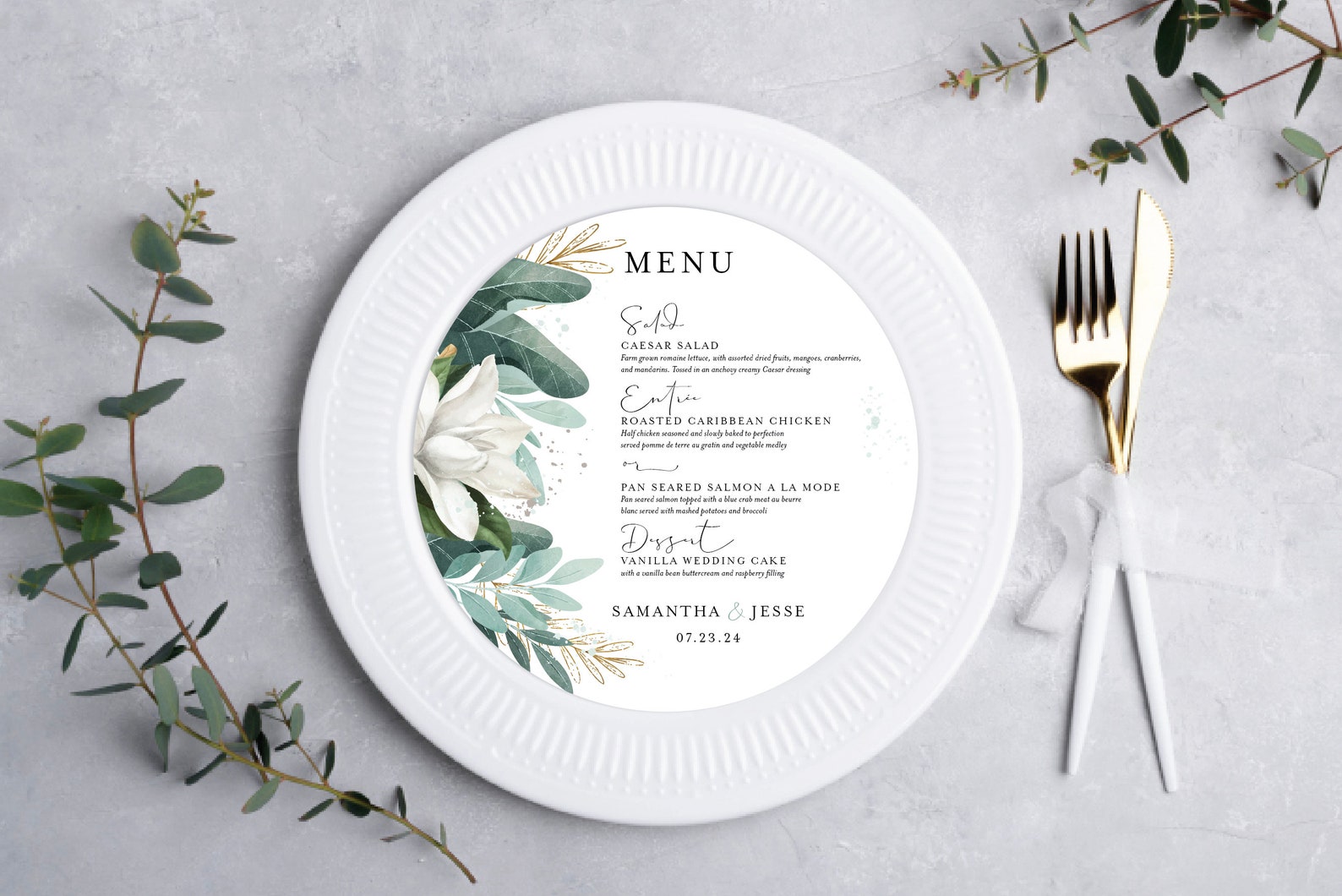 Sage Magnolia Wedding Menu Round - Blue Green Romantic Wedding Menu ...