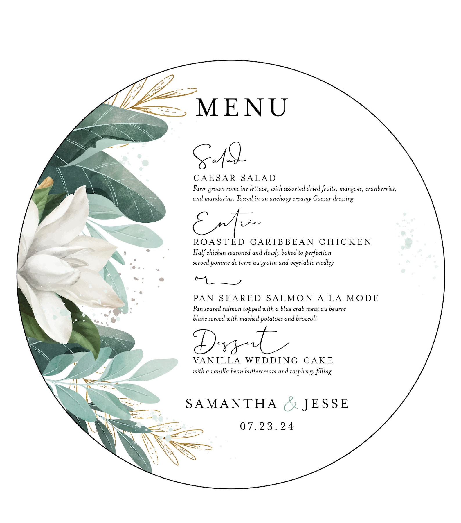 Sage Magnolia Wedding Menu Round - Blue Green Romantic Wedding Menu ...