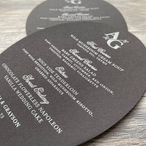 Black Stock Oval Menu Card - Black and White Menu - White Ink on Dark ...