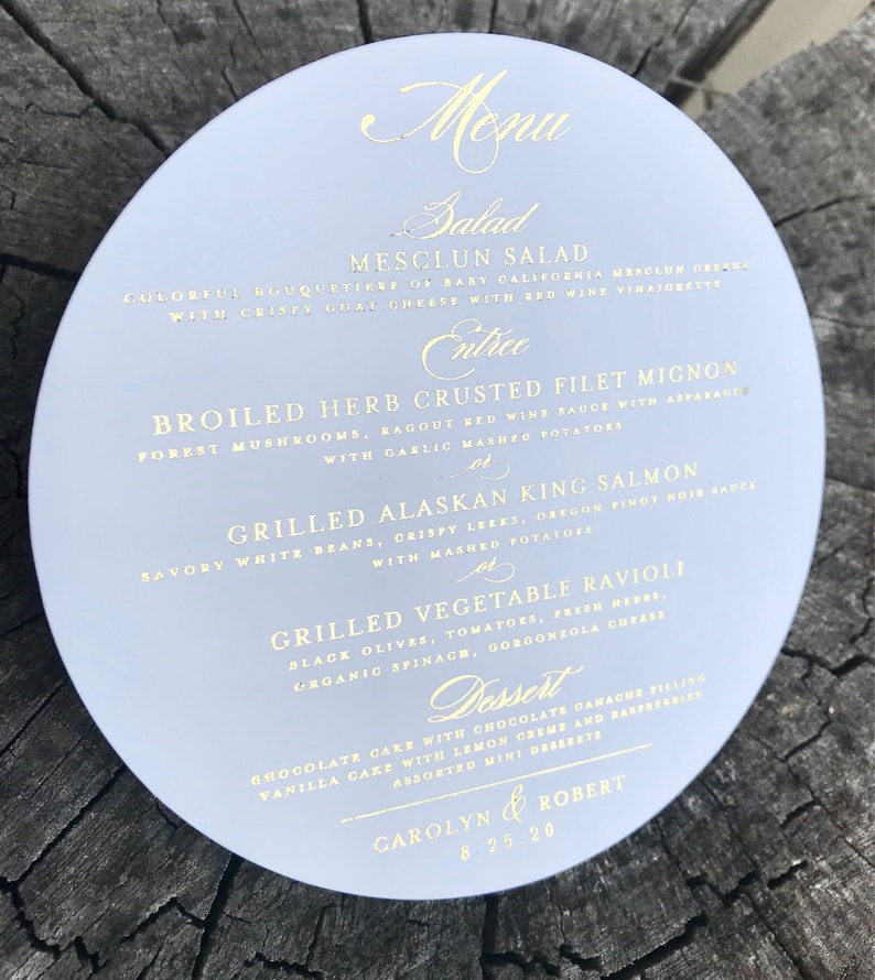 LARGE Gold Foil Charger Menu Round - Metallic Wedding Menu - Silver ...
