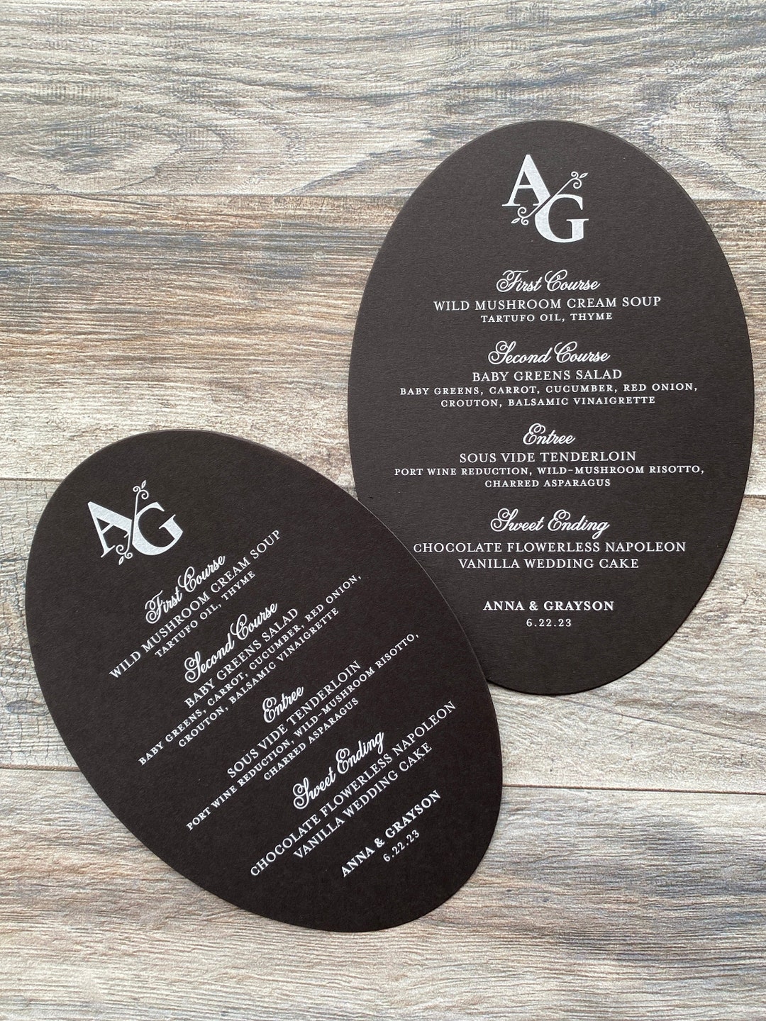 Black Stock Oval Menu Card - Black and White Menu - White Ink on Dark ...
