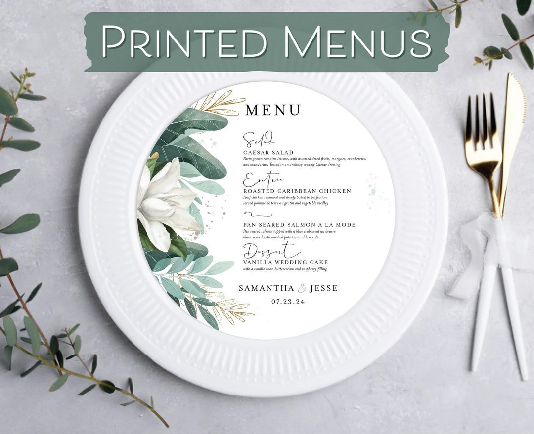 Sage Magnolia Wedding Menu Round - Blue Green Romantic Wedding Menu ...