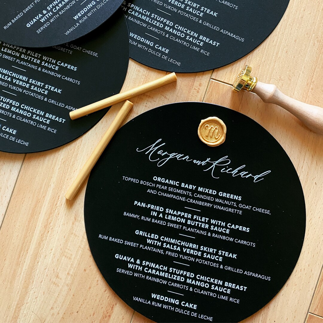 Black Stock Wax Seal Menu Card - Black and White Menu - White Ink on ...