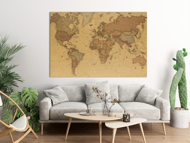Old Map of the World, Map Wall Art, Map Canvas, Old Map Wall Art, World ...