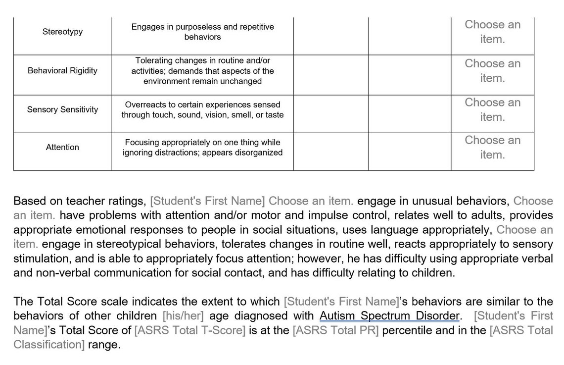 Autism Spectrum Rating Scales ASRS Automated Template for Psychological ...