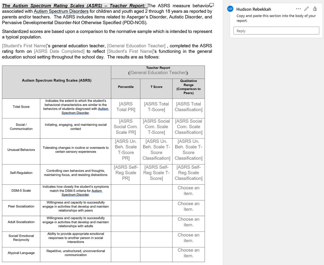 Autism Spectrum Rating Scales (ASRS) Automated Template for ...