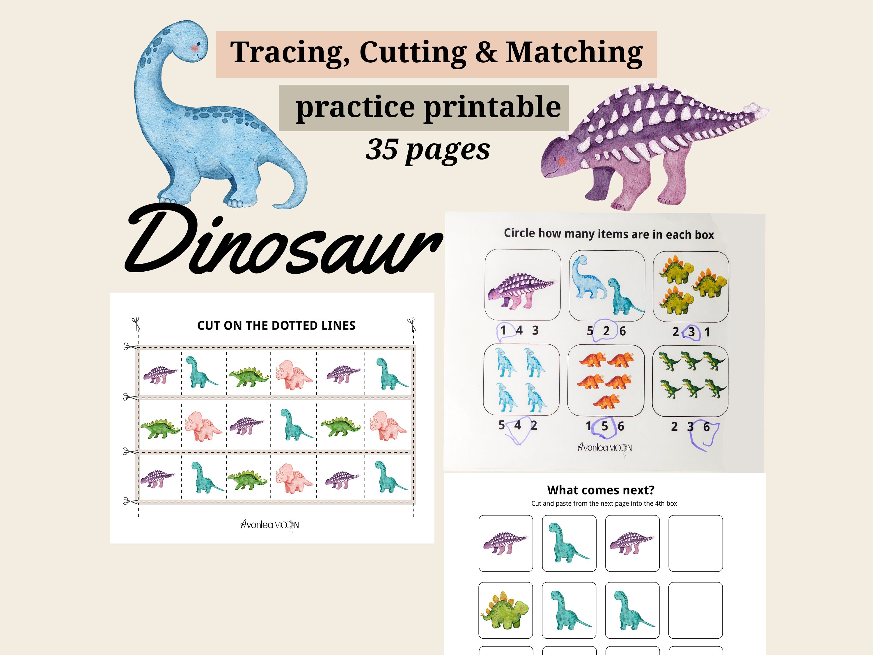 Dinosaurs Tracing Cutting Matching Handwriting Letter Practice Bundle ...