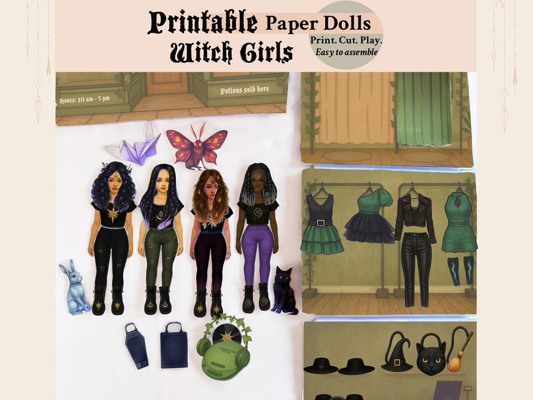 Printable Witch Girls Paper Dolls Busy Book Craft With 8 Outfits + Pets ...