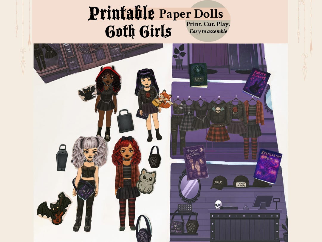 Printable Goth Girl Paper Dolls | Emo Dress up Busy Book With Clothes ...