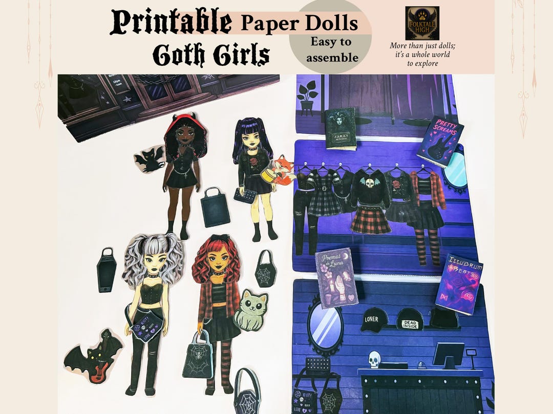 Printable Goth Girl Paper Dolls Book | Halloween Dress up Set With 8 ...