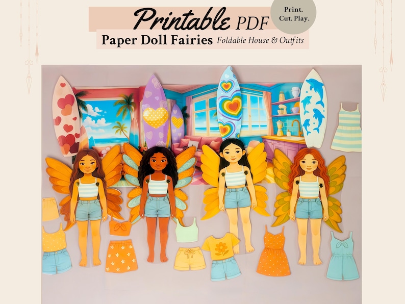 Printable Beach Fairy Paper Dolls: Articulating Wings, Summer Surfing ...