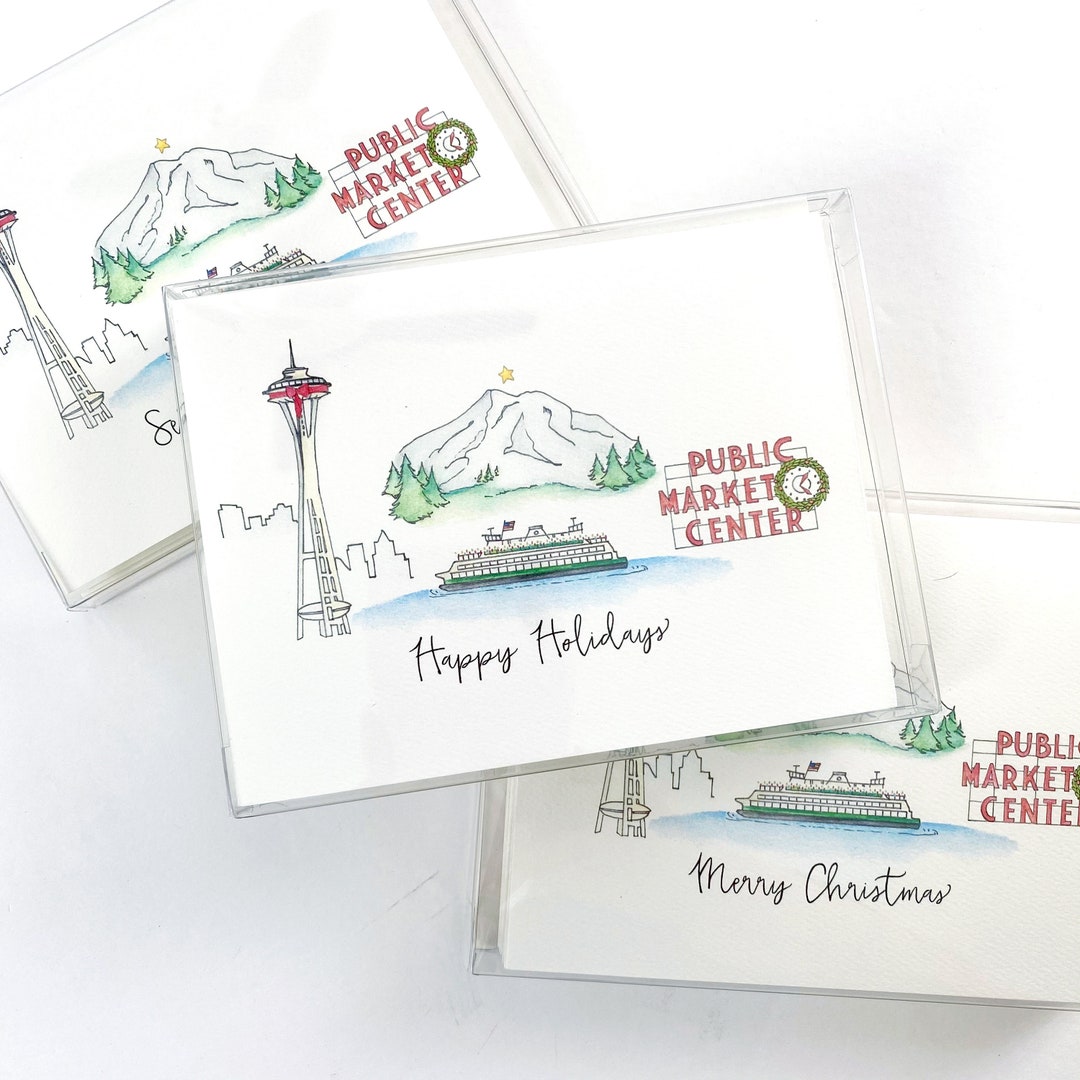 Seattle, Washington Holiday Greeting Card or Notecard Set: Hand-drawn ...