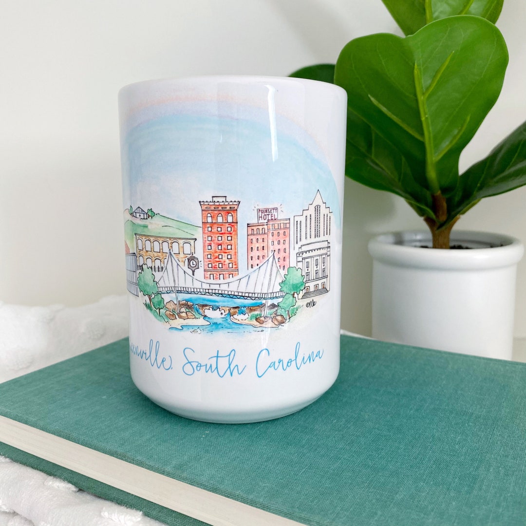 Greenville, South Carolina Skyline Mug, Hand-drawn Ceramic Coffee Cup ...