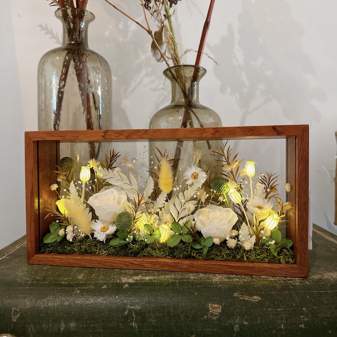 Preserved White Rose in Wooden Frame With Light, Dried Flower ...