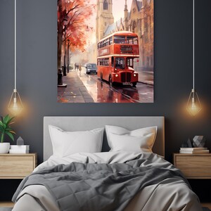 Vintage London Double Decker Bus Wall Art Print, Autumn Church ...