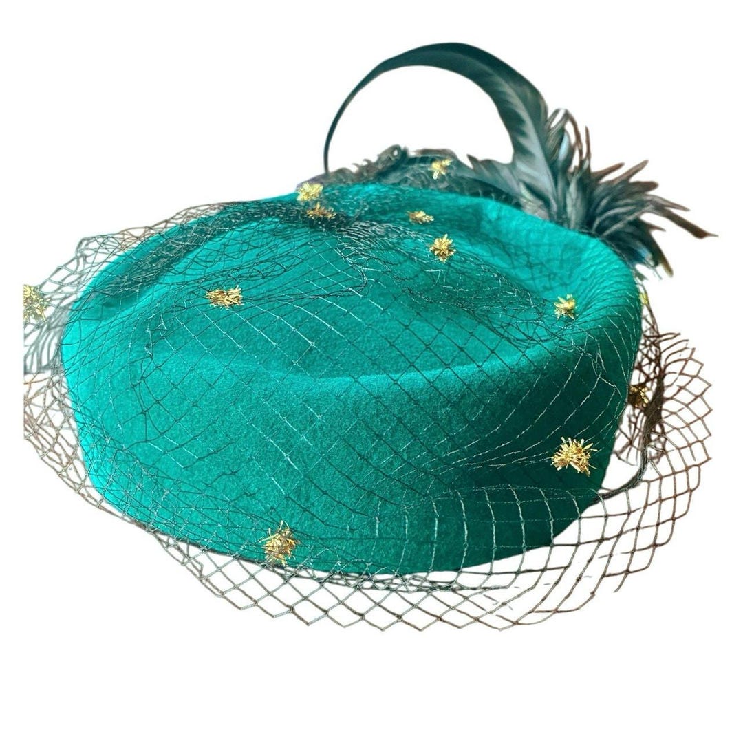 Vintage Michael Howard Emerald Green Wool Pillbox Hat W/ Black Feathers ...