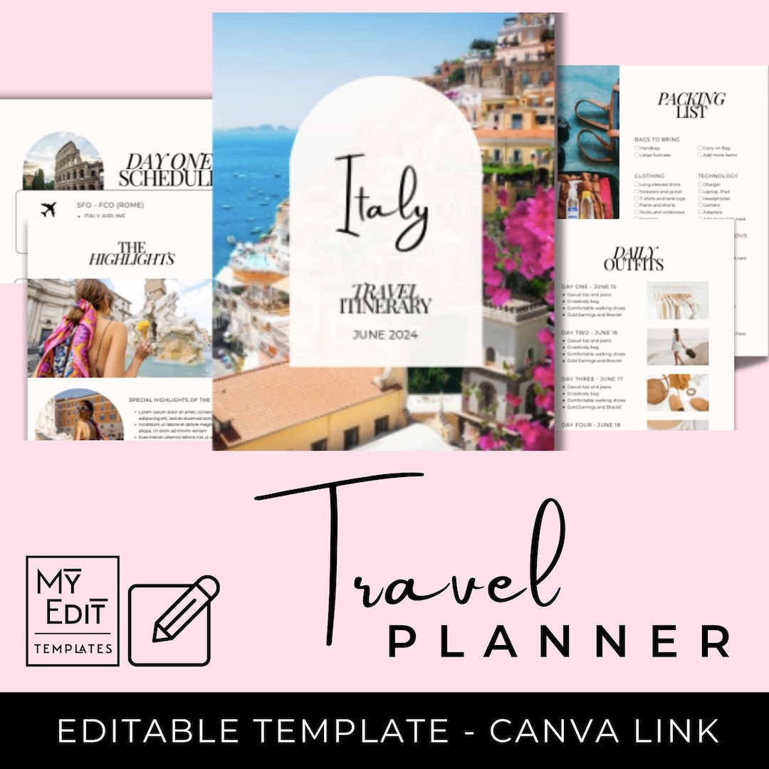 Travel Itinerary Planner Template - Editable Printable Travel Guide ...
