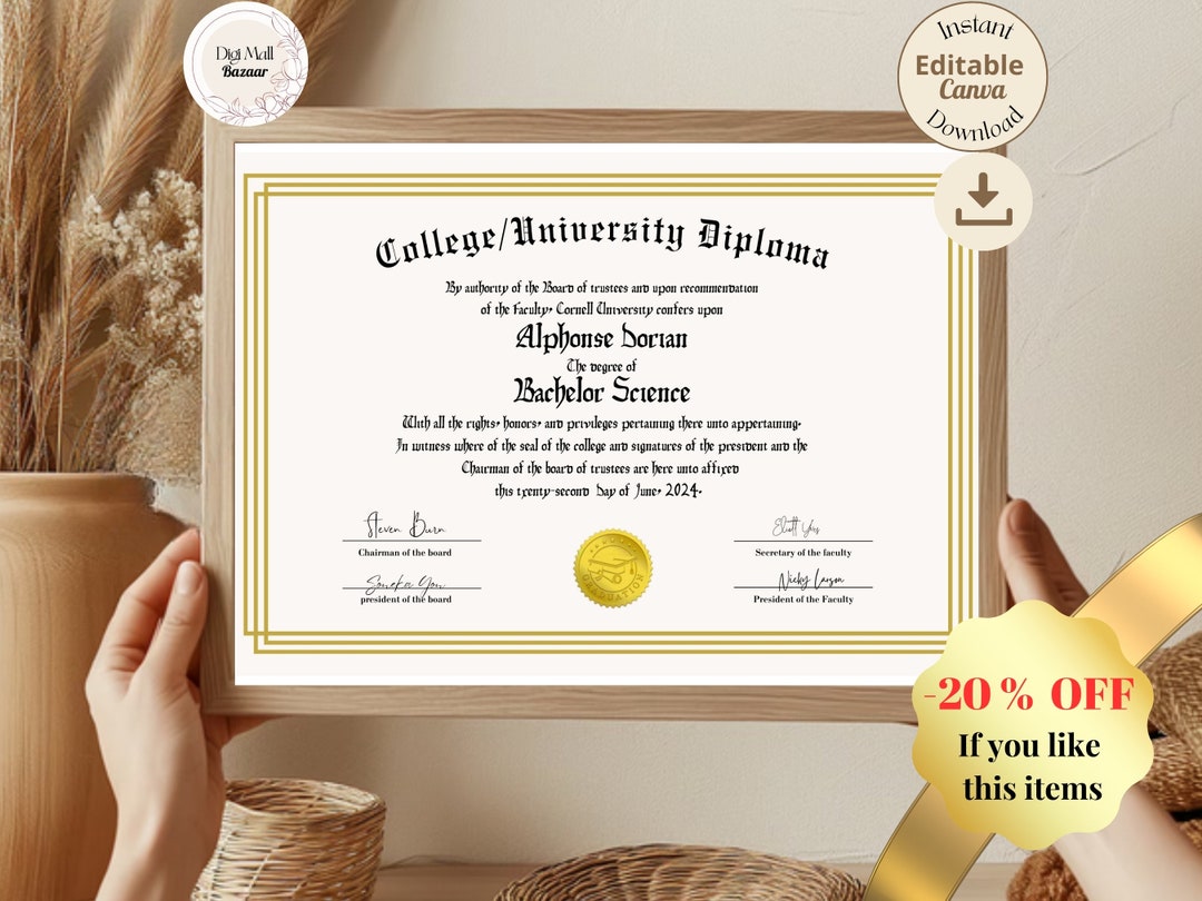 College Diploma With Gold Seal Customizable Certificate of Achievement ...