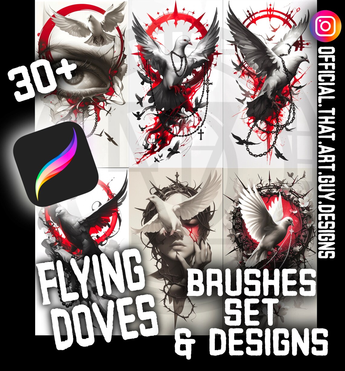 30+ Creative FLYING DOVE Designs. Procreate Brush Set, Stamps, and ...