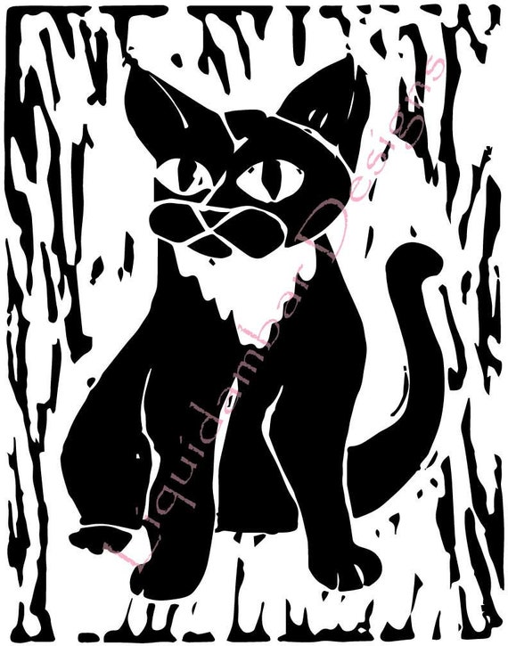 Downloadable Black and White Block Print Cat 2 11x | Etsy