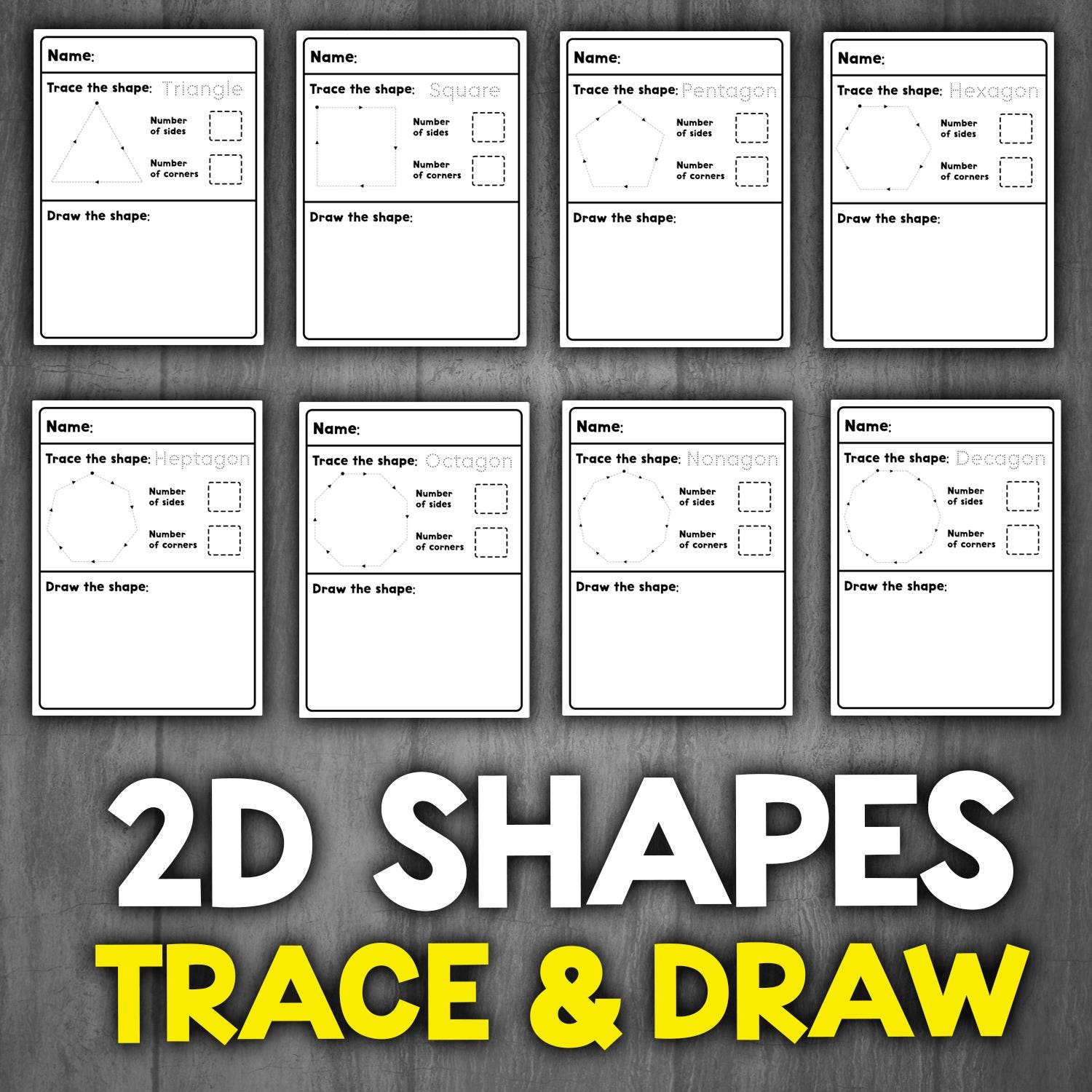 2D Shapes Tracing & Drawing Worksheets Preschool Kindergarten Math ...