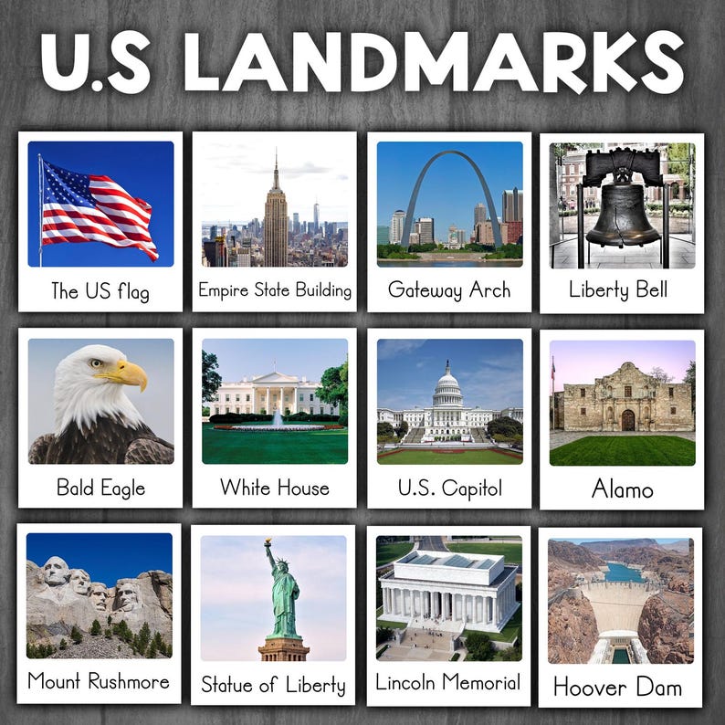 US Landmarks & Symbols Montessori 3-part Cards Nomenclature Flash Cards ...