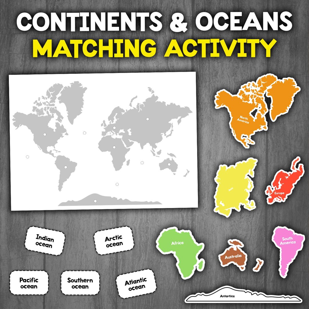 Continents & Oceans Matching Activity World Map Activity Geography ...
