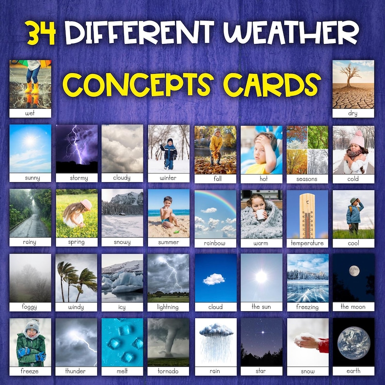 Weather and Seasons Vocabulary Flashcards | Real Pictures | Montessori ...