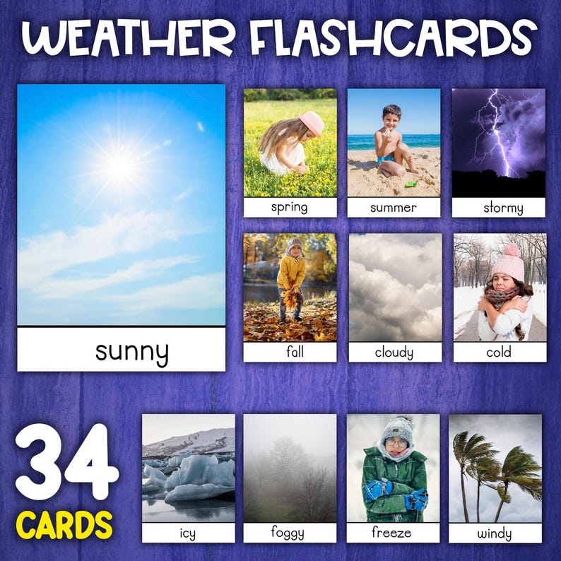 Weather and Seasons Vocabulary Flashcards | Real Pictures | Montessori ...