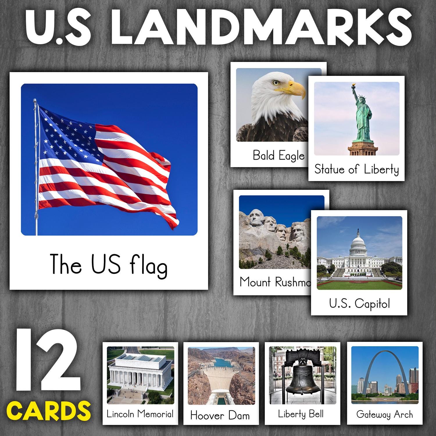 US Landmarks & Symbols Montessori 3-part Cards Nomenclature Flash Cards ...
