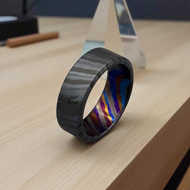 Handmade Zirconium Black Ring Unique Titanium Damascus Wedding Band ...