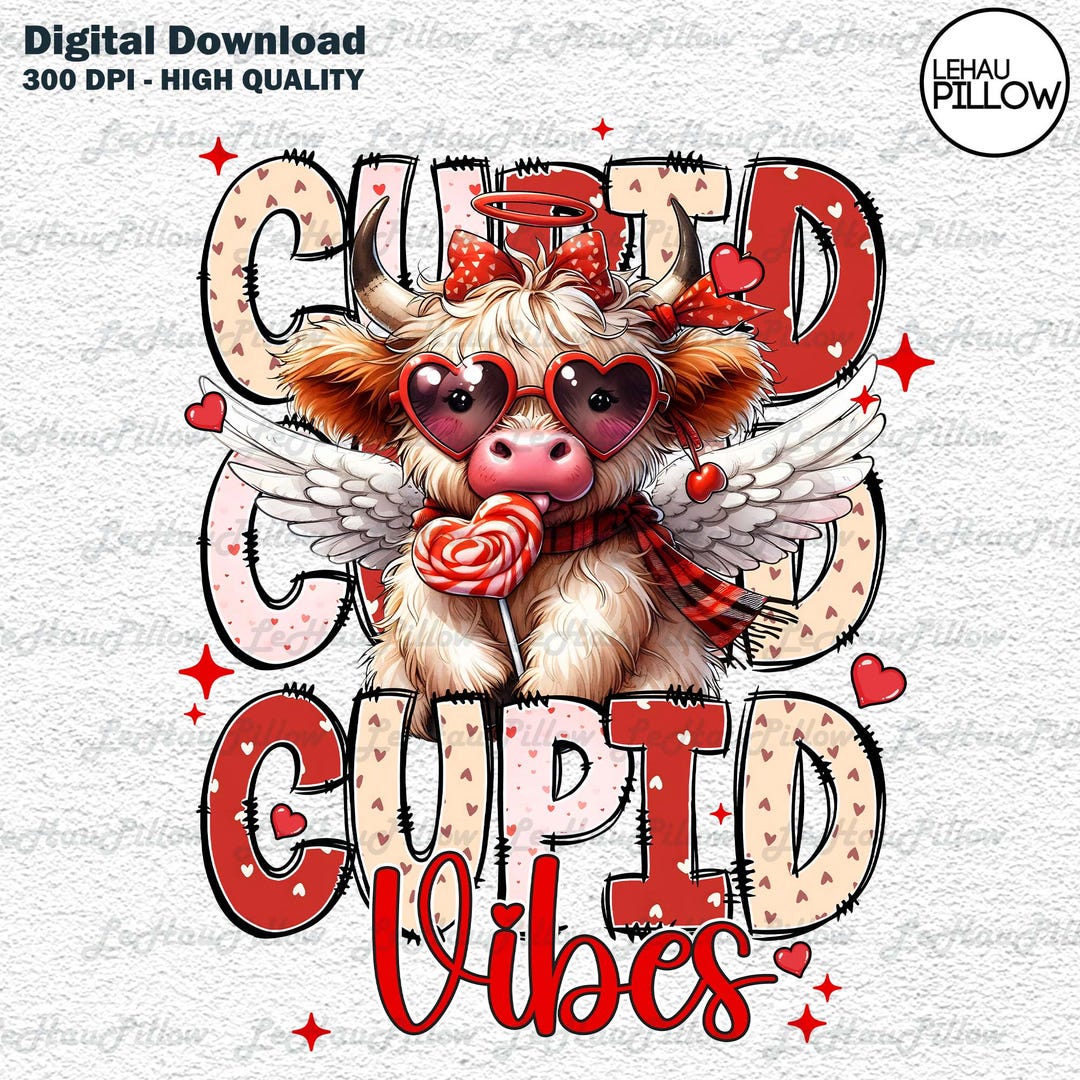 Cupid Vibes Valentine Highland Cow Png, Western Valentine Png ...